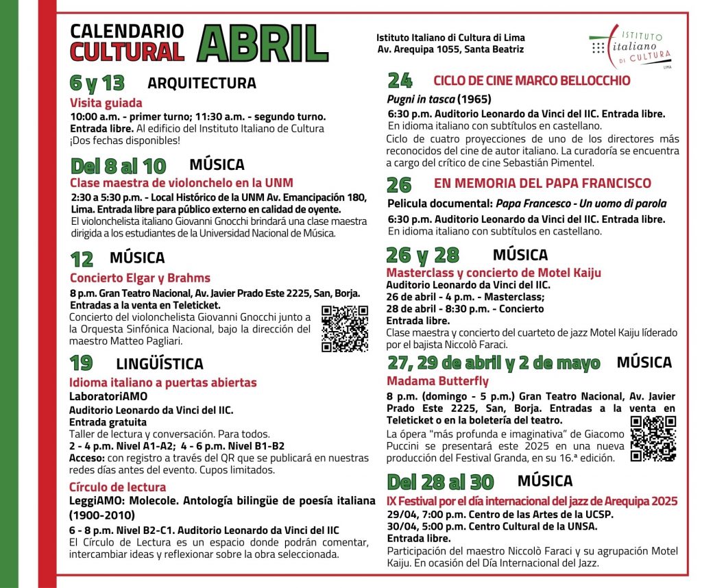 Calendario cultural del mes de abril – Istituto Italiano di Cultura di Lima
